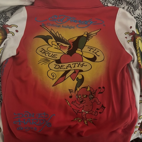 Ed Hardy | Jackets & Coats | Red And White Ed Hardy Collared Jacket ...